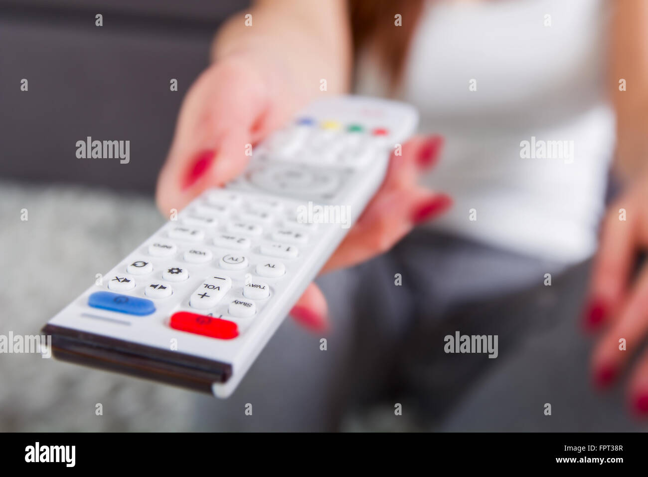 Television remote control in woman hand. Unrecognizable person Stock ...