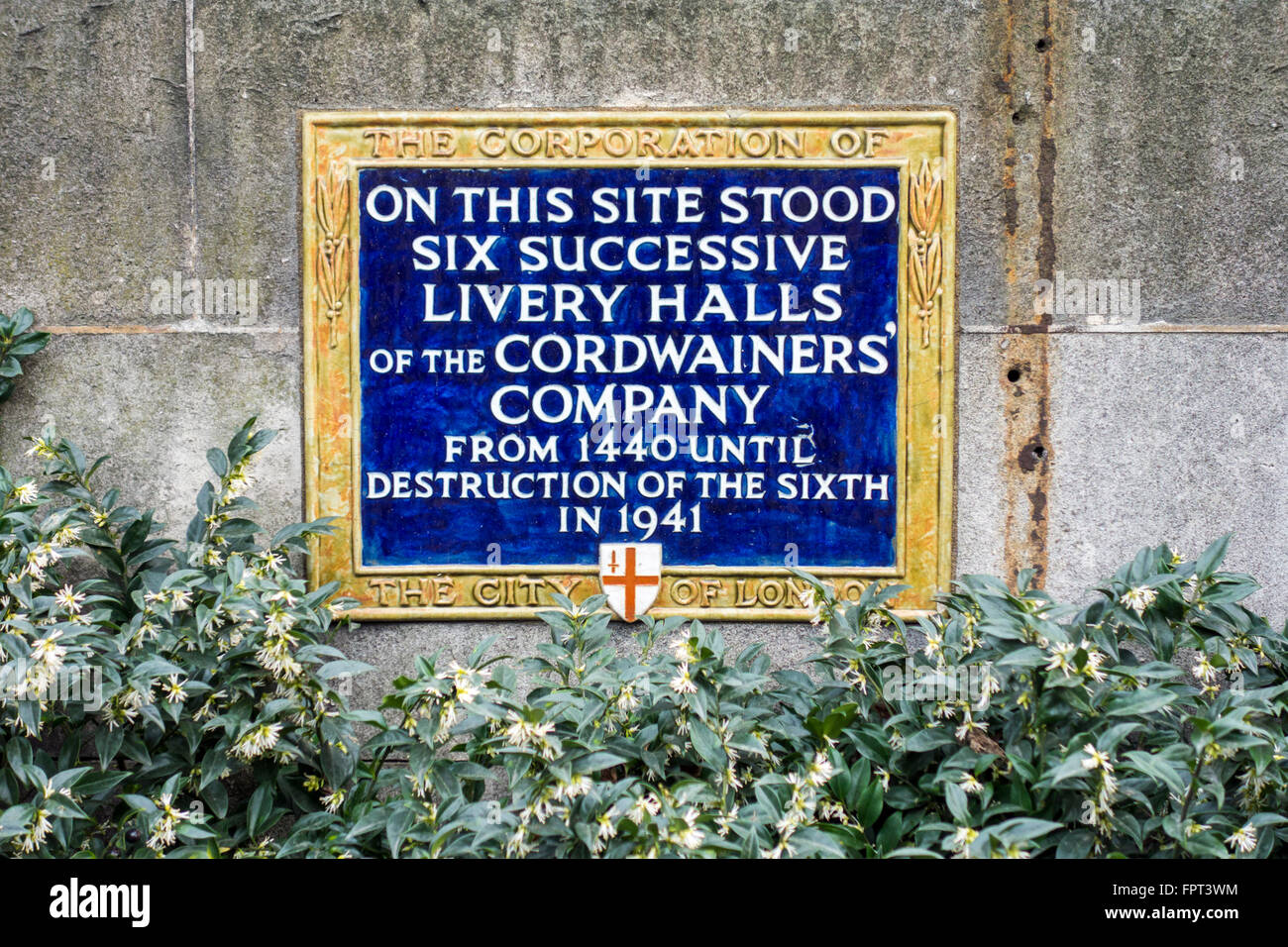 Plaque showing the site of siz Livery Halls of the Cordwainers' Company ...