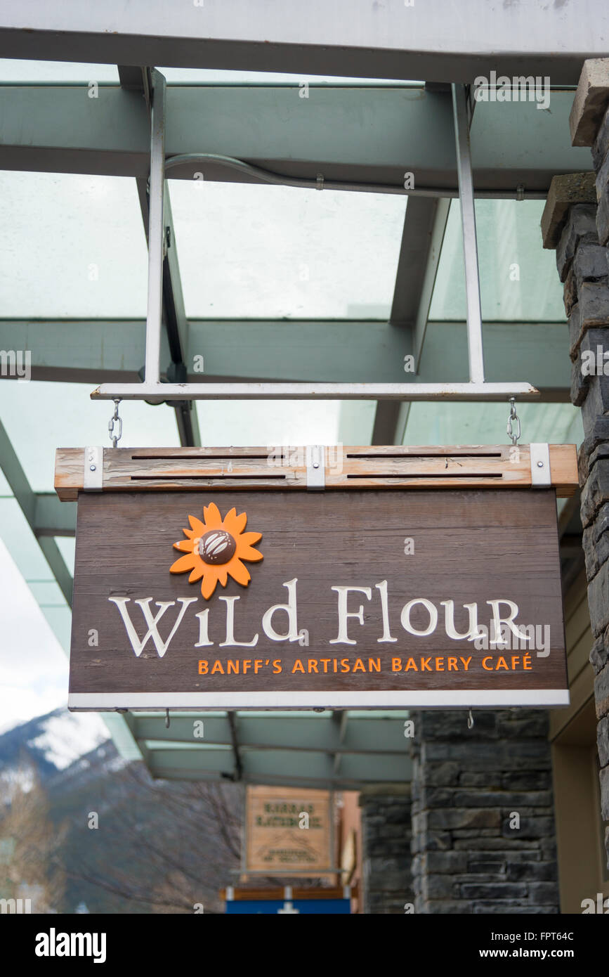 The Wild Flour organic cafe and coffee shop sign Banff Canada Stock ...