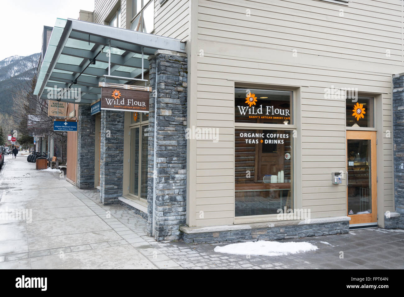 The Wild Flour organic cafe and coffee shop sign Banff Canada Stock ...