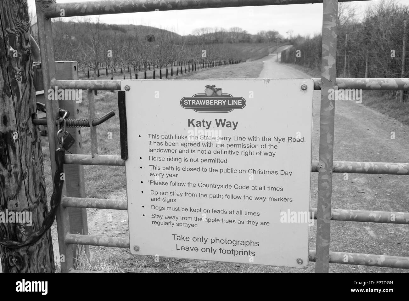 Sign on the gate to The Katy Way part of the strawberry line cycle ...