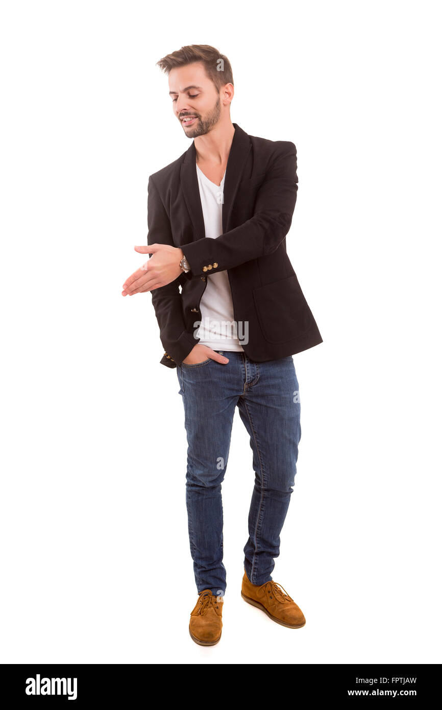 Young man presenting your product, isolated over a white background ...