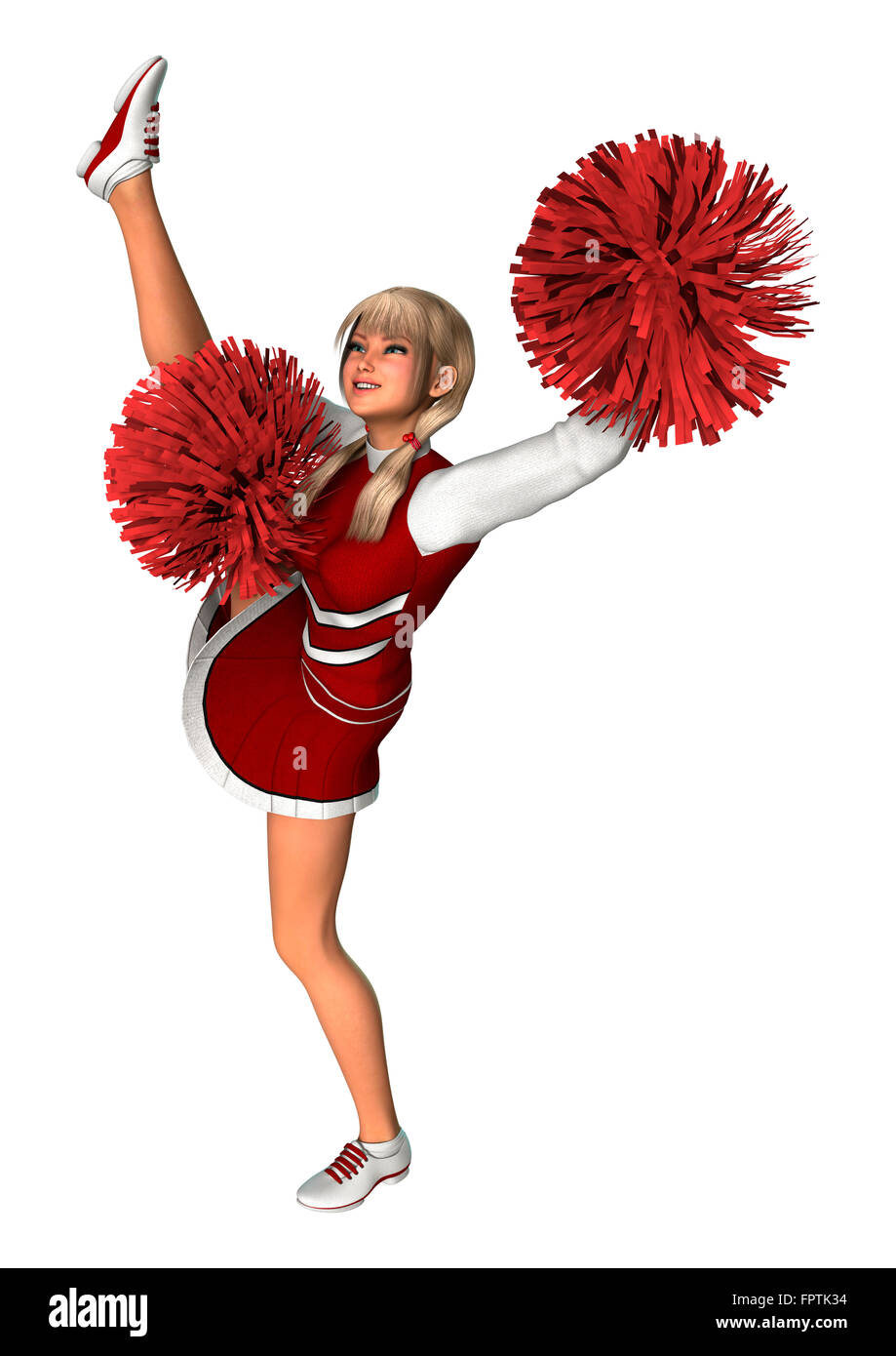 Digital render of a young cheerleader with pompoms isolated on white ...