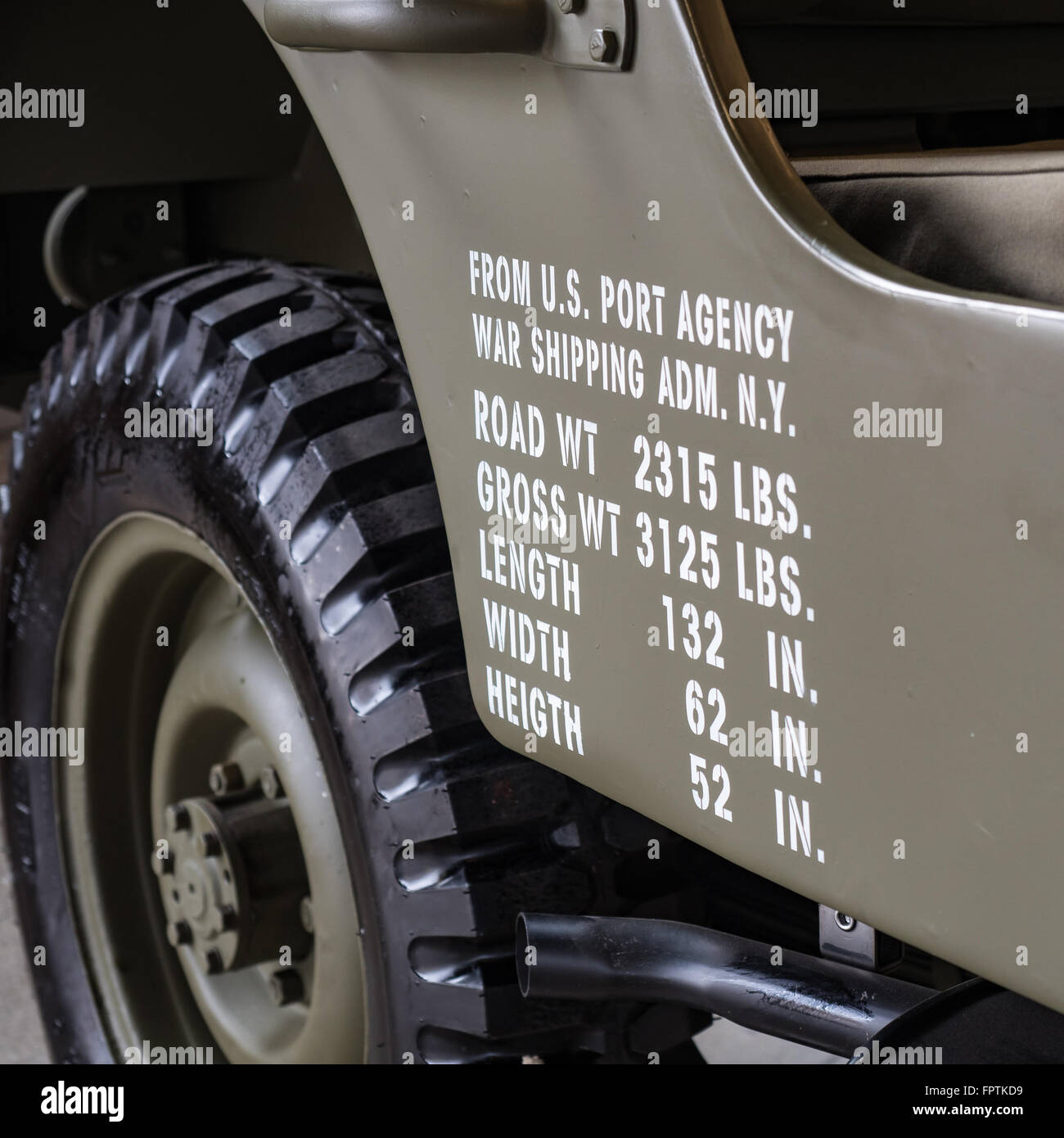 Dimensions and weights printed on the side of a military off road used ...