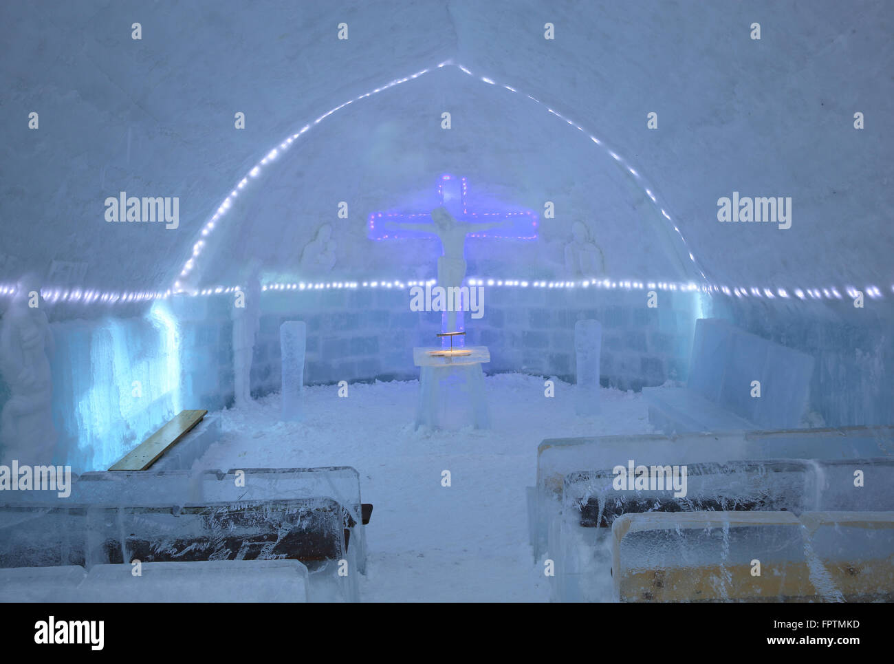 The interior of the Ice Chapel, at the Ice Hotel, at Balea Lac, in the ...