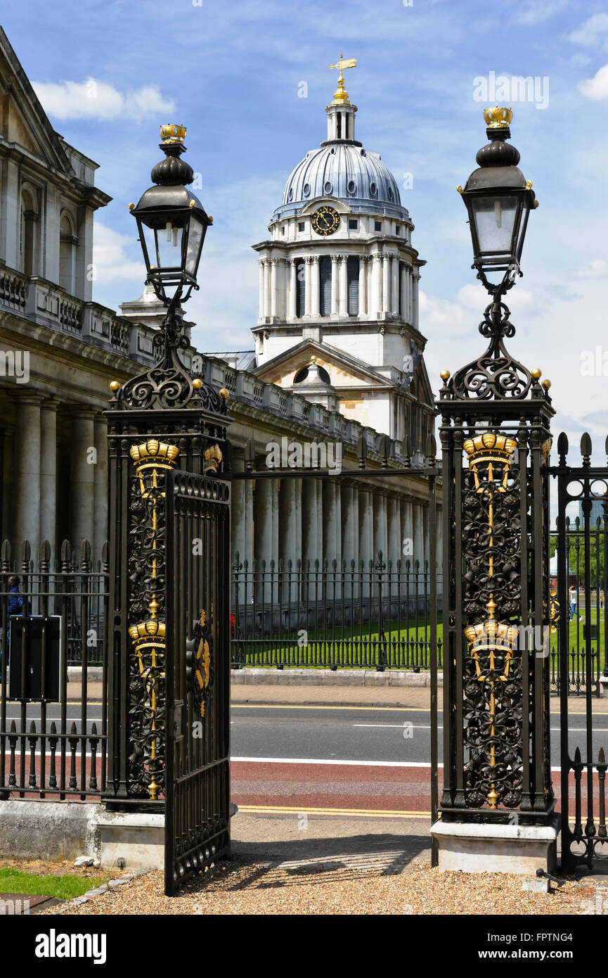 A decorative metal gate outside the Royal Navy College in Greenwich ...