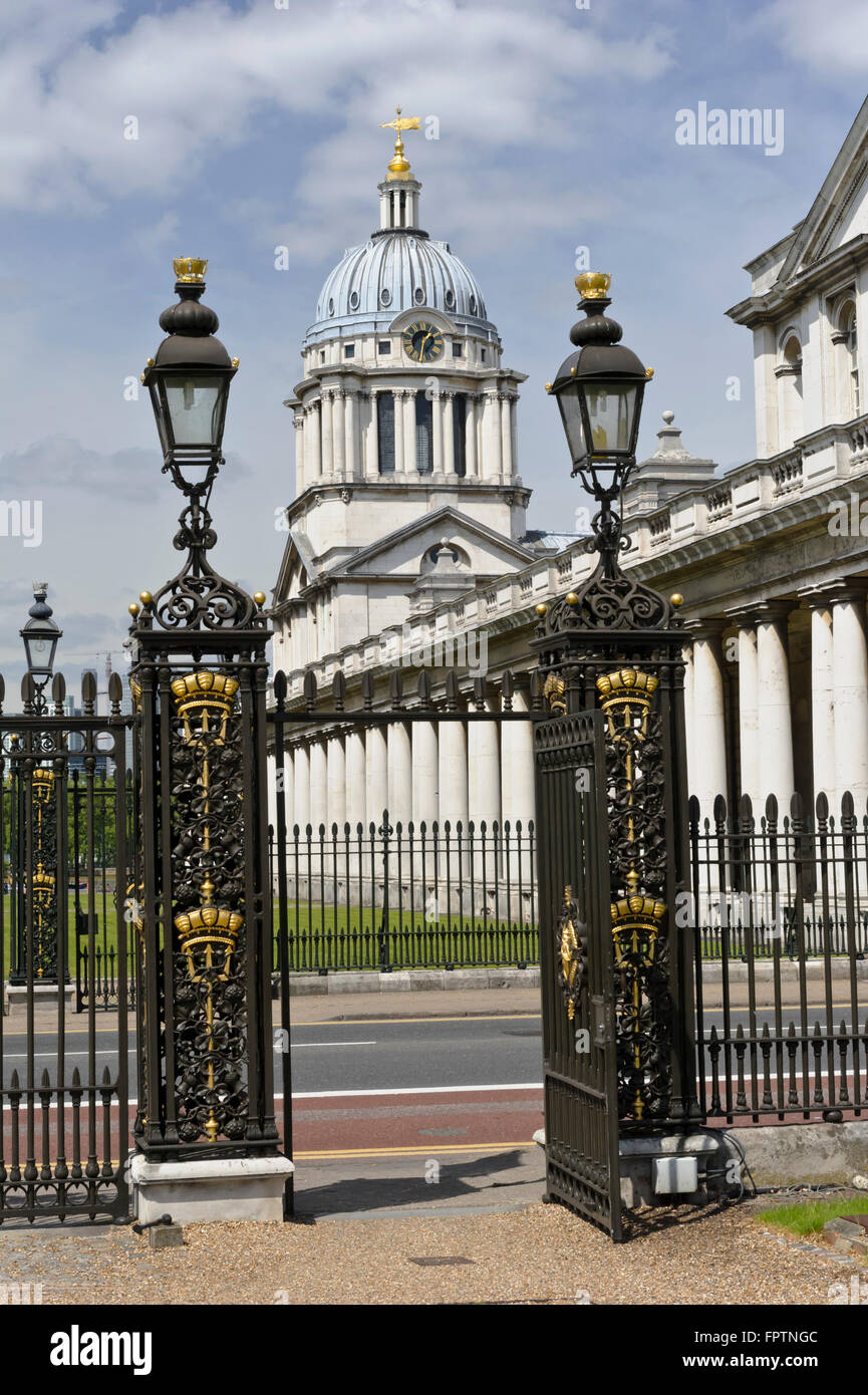 A decorative metal gate outside the Royal Navy College in Greenwich ...
