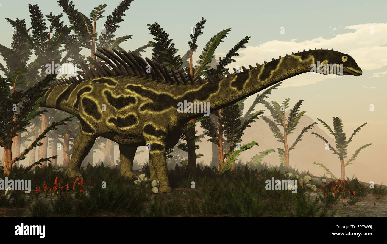 Agustinia dinosaur walking among vegetation by day - 3D render Stock ...
