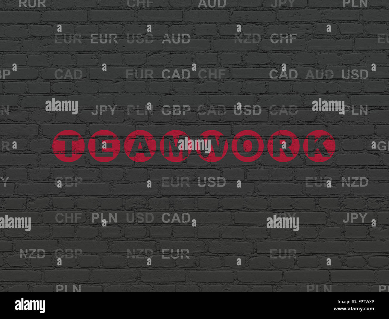 Business concept: Painted red text Teamwork on Black Brick wall background with Currency Stock ...