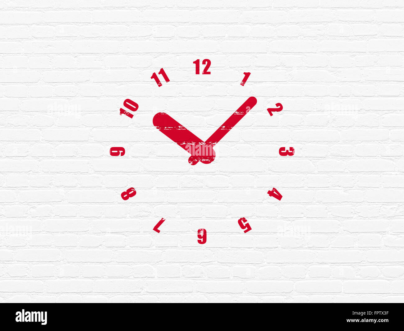Timeline concept: Painted red Clock icon on White Brick wall background ...