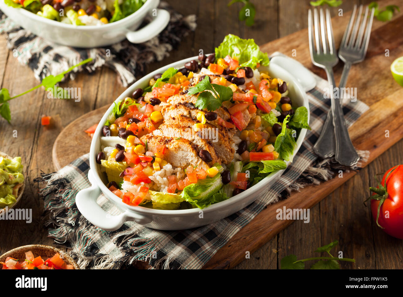Homemade Mexican Chicken Burrito Bowl with Rice and Beans Stock Photo ...