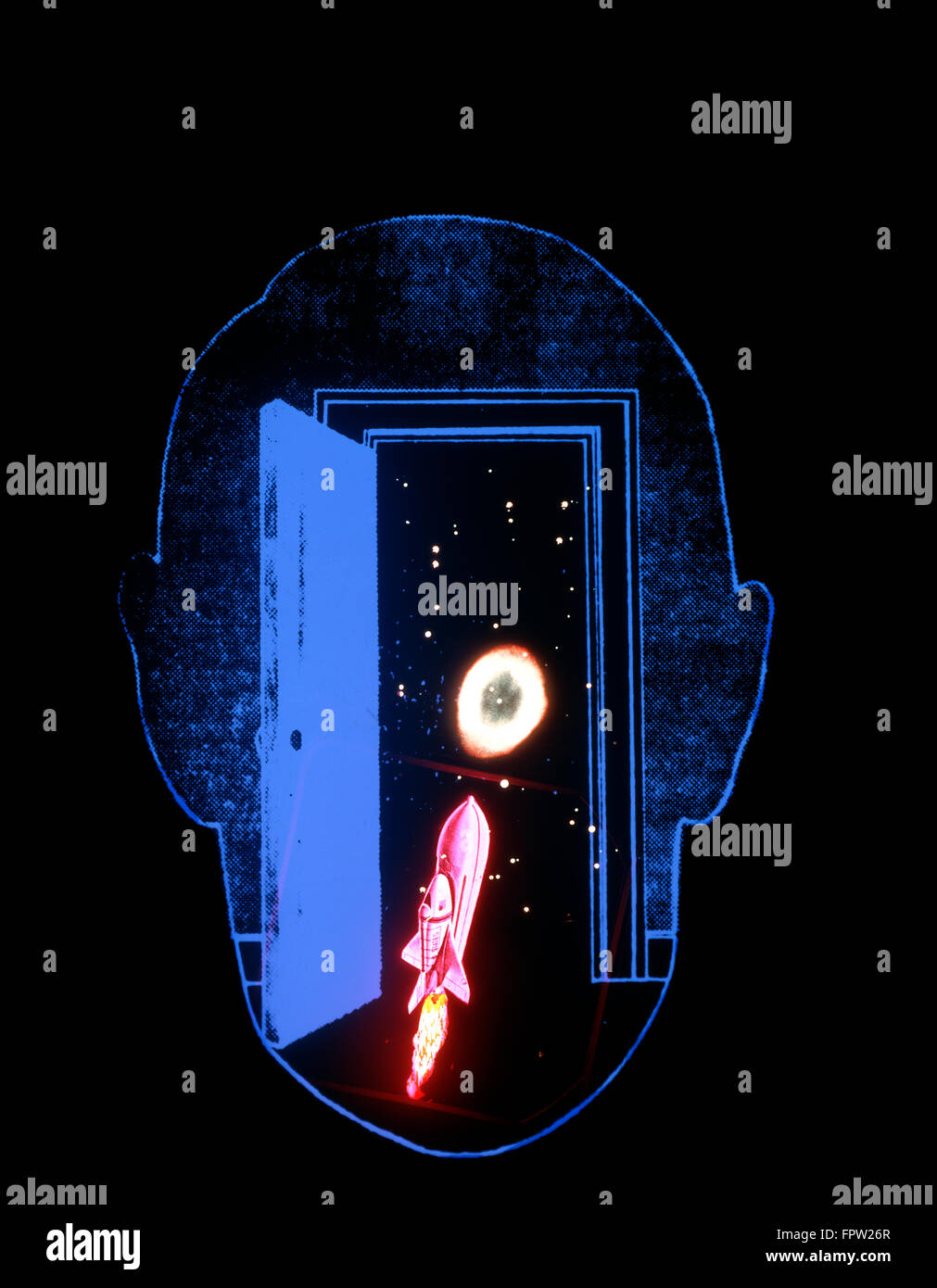 1970s BLUE HEAD ON BLACK BACKGROUND OPEN DOOR WITH PURPLE ROCKET ...