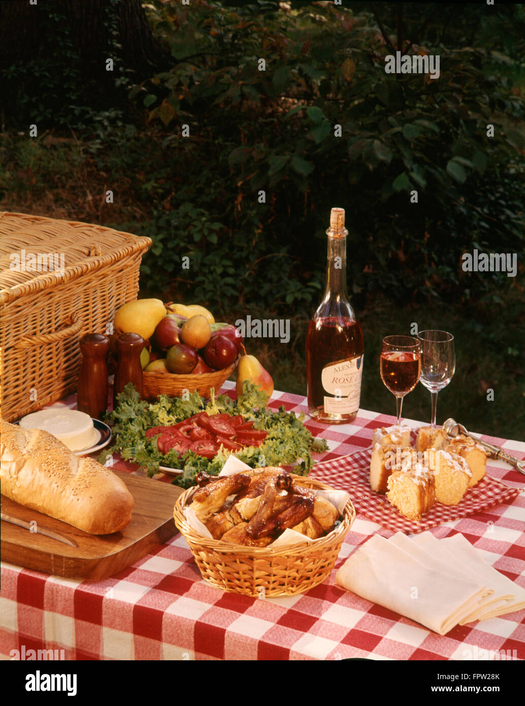 1970s STILL LIFE PICNIC ITEMS RED CHECKED TABLECLOTHS WINE BASKET FRUIT ...