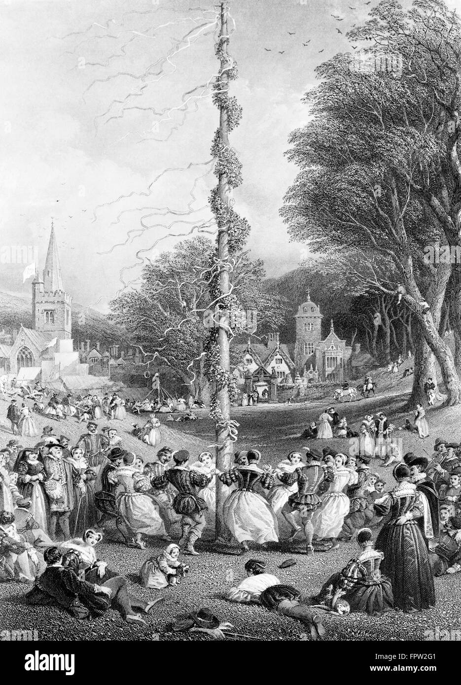 17th CENTURY MAYPOLE MAY POLE DANCE SPRING HOLIDAY MAYDAY MAY 1 PICNIC CELEBRATION RITUAL RITE ...