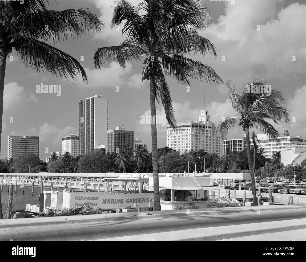 1970s SIGHTSEEING BOAT AT PIER DAY LIGHT SKYLINE PALM TREES MIAMI ...