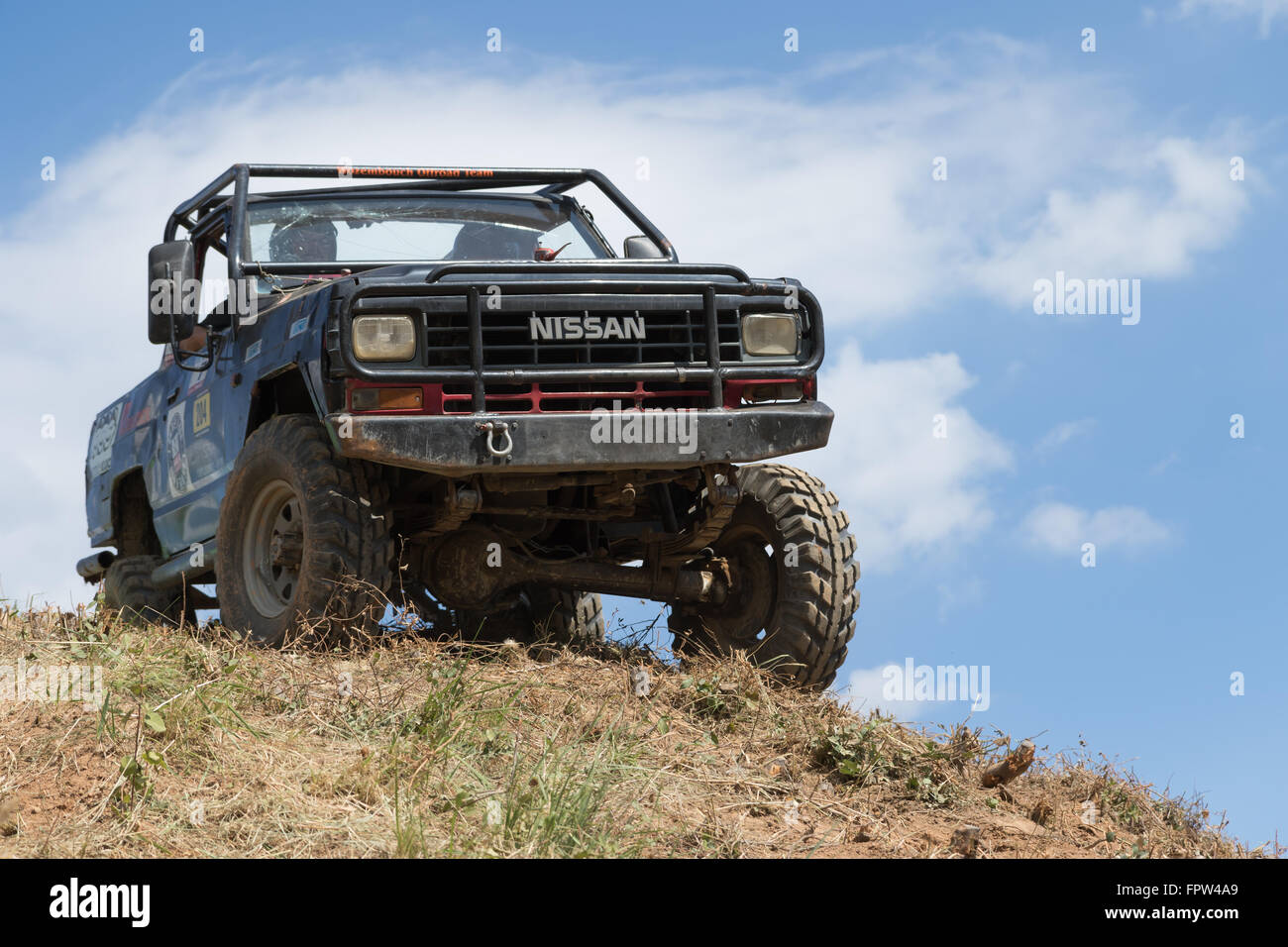 Front view of the black off road car is on the top of the hill Stock ...