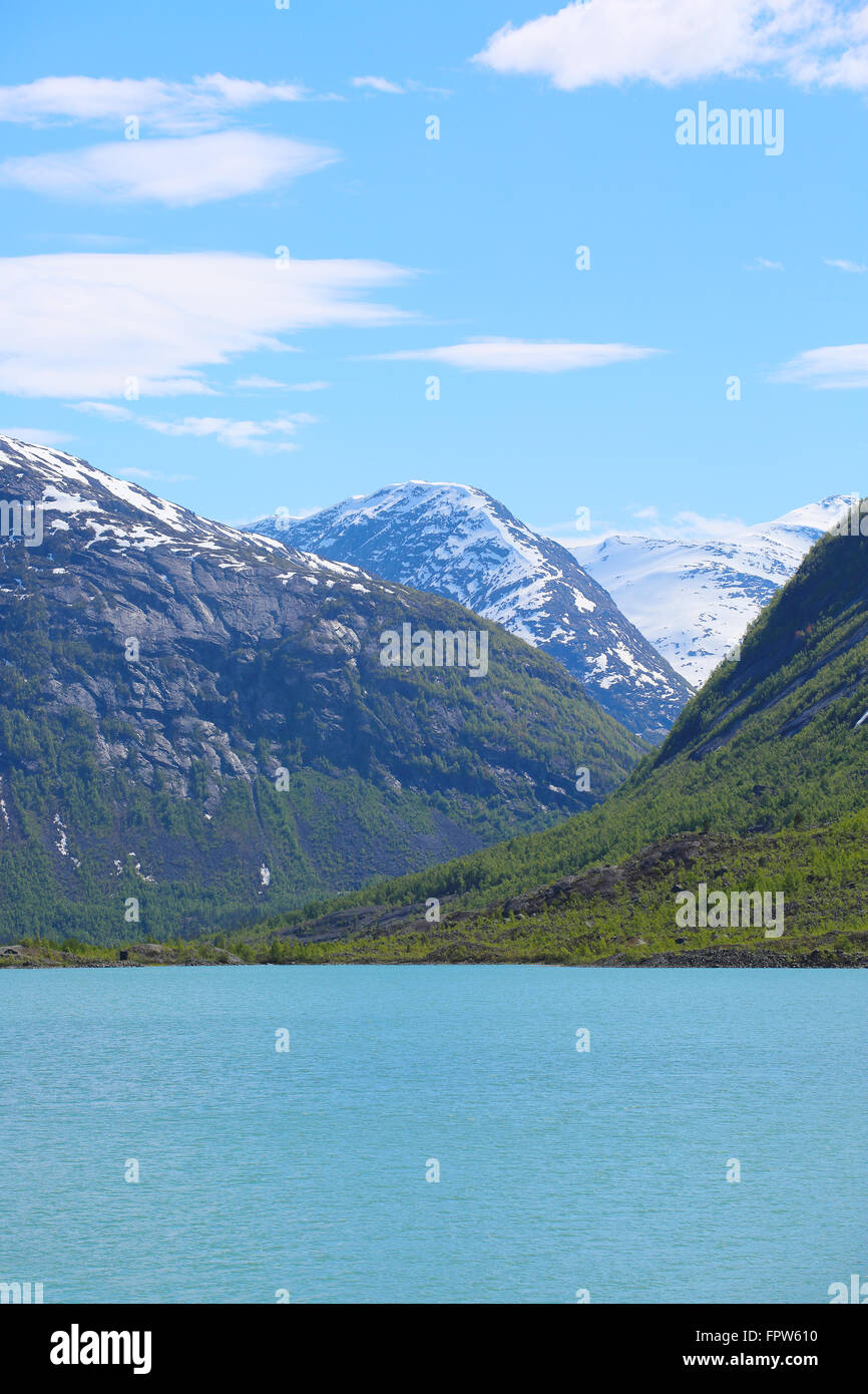 Mountain landscape with glacial river in Jostedalsbreen National Park ...
