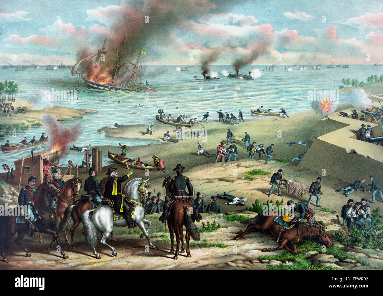 Civil War print showing the Naval Battle of the Monitor and The ...