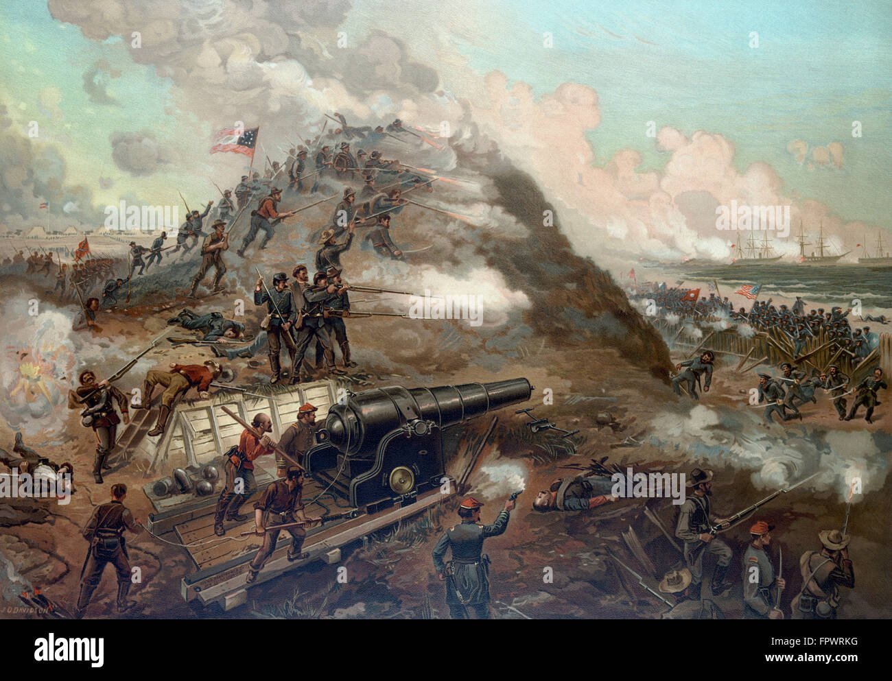 Civil War print depicting the Union Army's capture of Fort Fisher. The ...