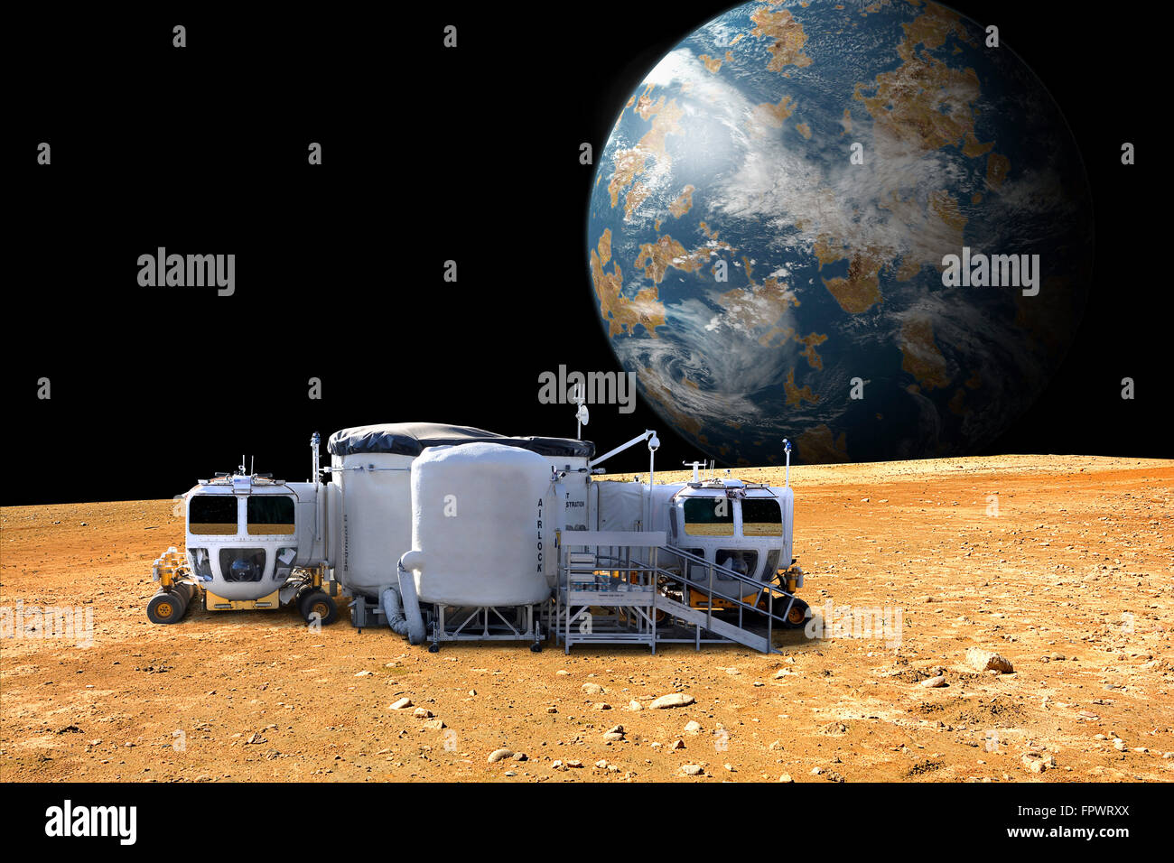 An artist's depiction of a lunar base on a barren moon. The moon's ...