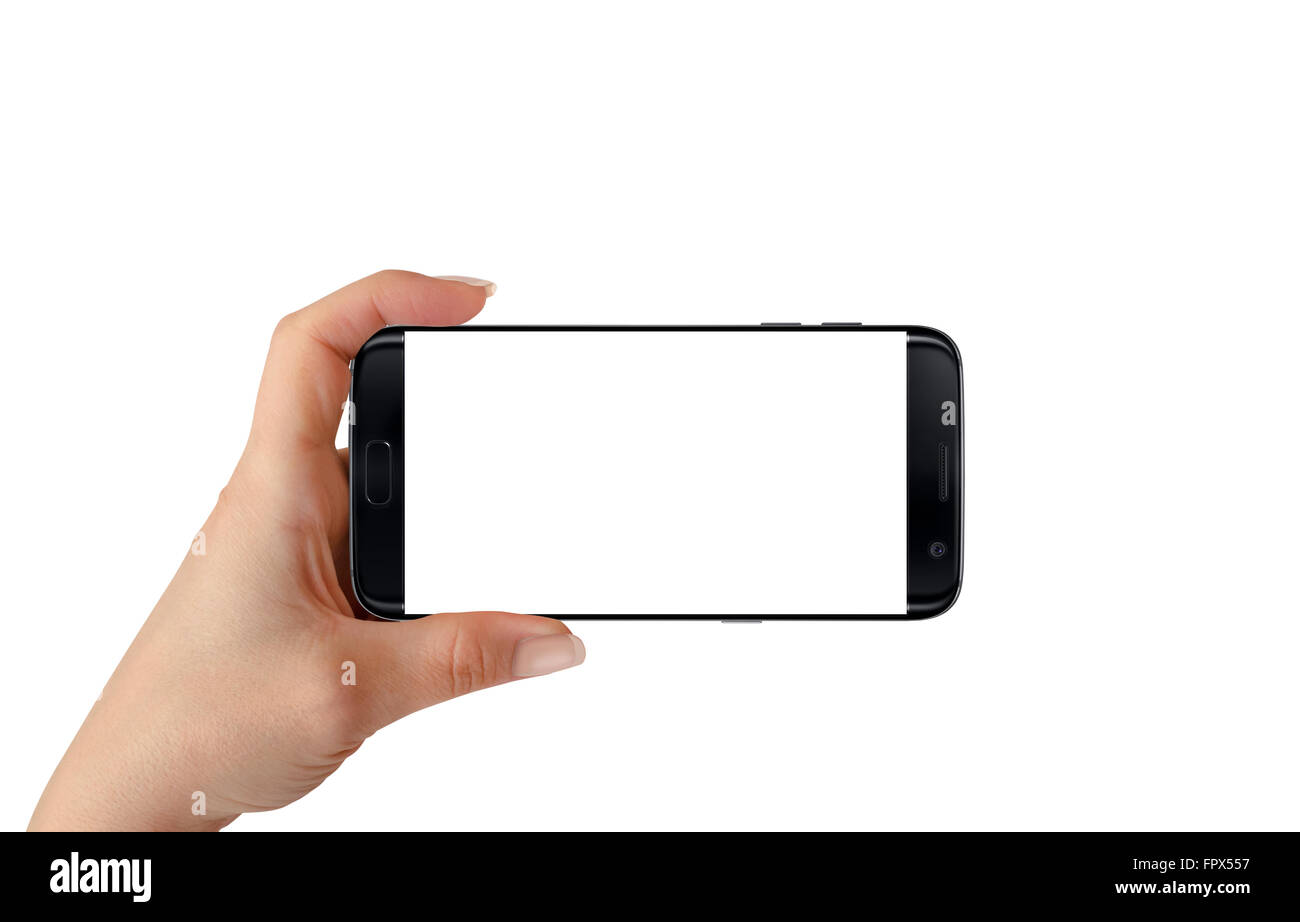 Modern black smart phone in woman hand in horizontal position. White ...