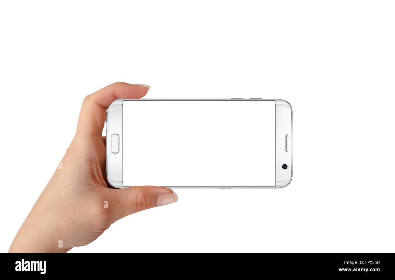 Modern white smart phone in woman hand in horizontal position. White ...
