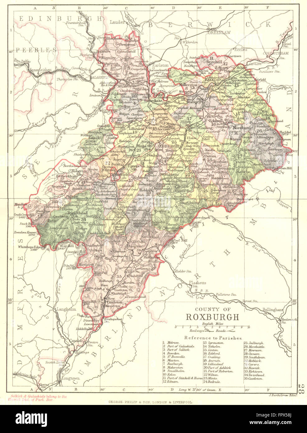 SCOTLAND: Roxburgh: Roxburghshire: Philip, 1891 antique map Stock Photo ...