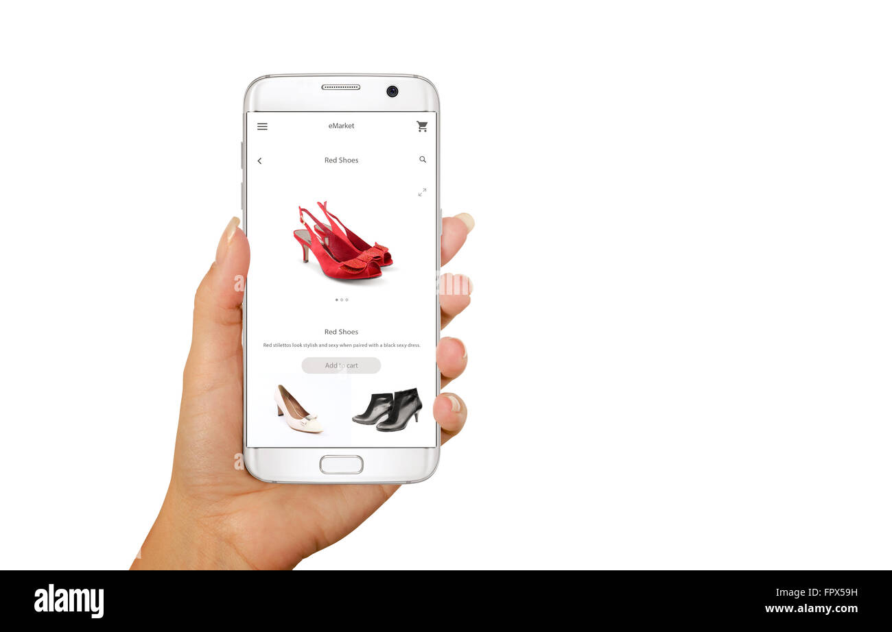 Online shopping with smart phone. Isolated phone in woman hand. Buying ...