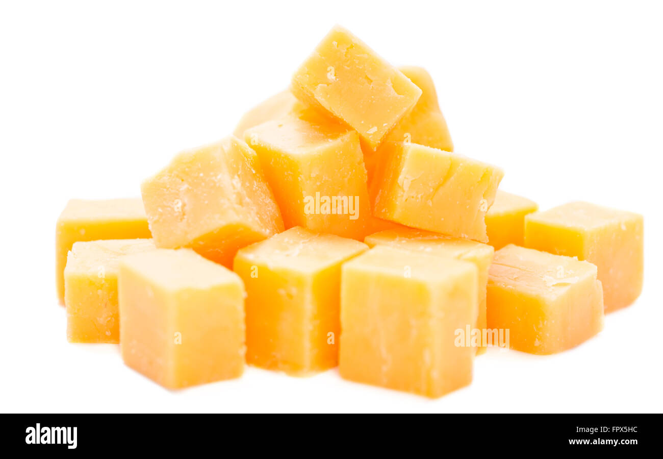 Diced Cheddar isolated on pure white background (close-up shot Stock ...