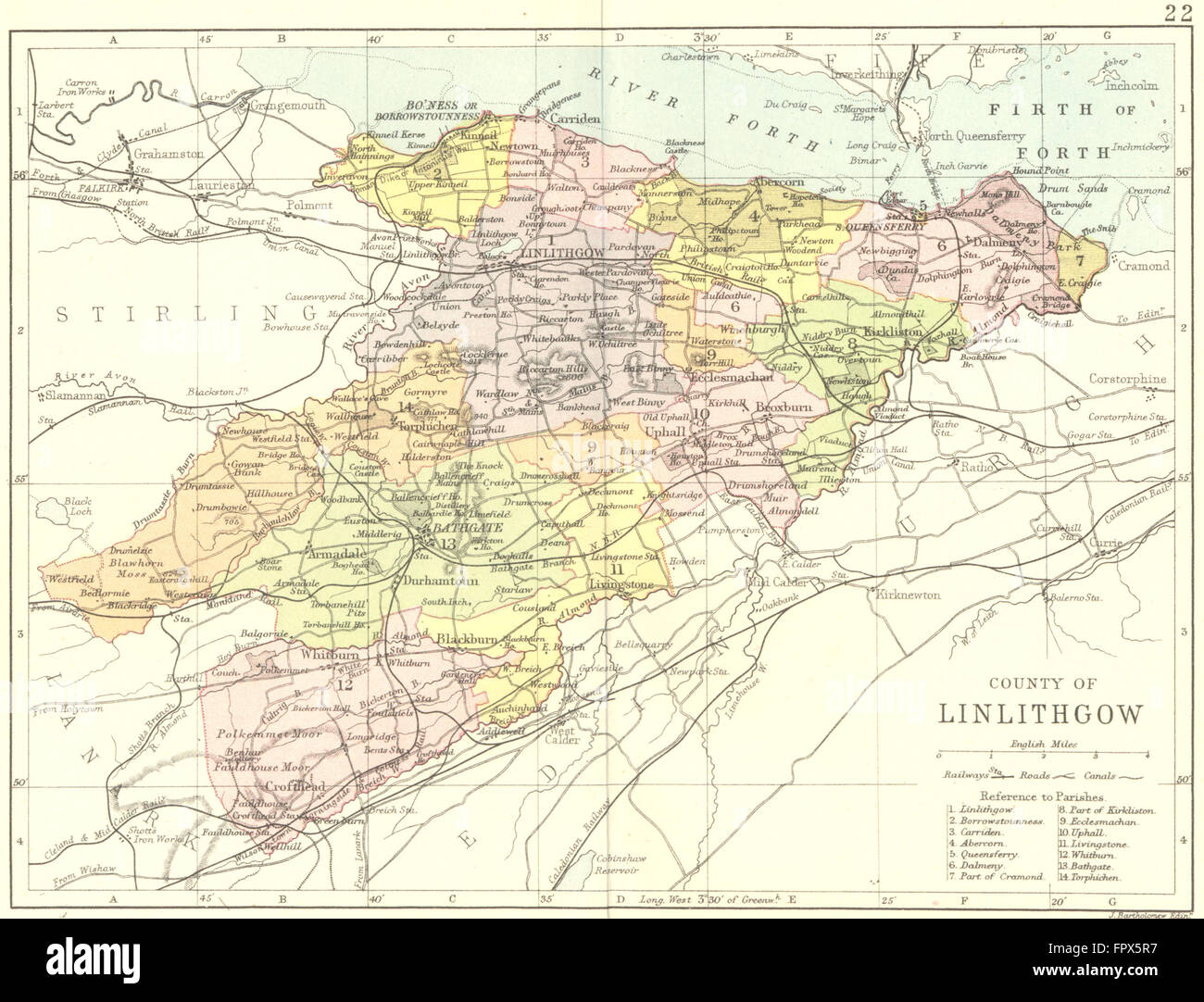 SCOTLAND: Linlithgow: Linlithgowshire; Philip, 1891 antique map Stock ...