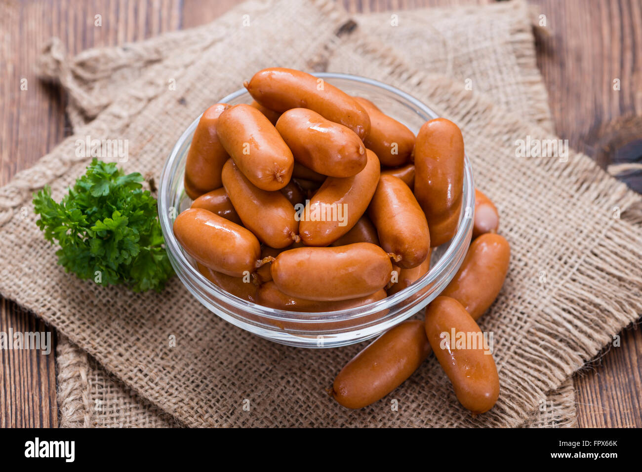 Portion of Mini Sausages (detailed close-up shot Stock Photo - Alamy