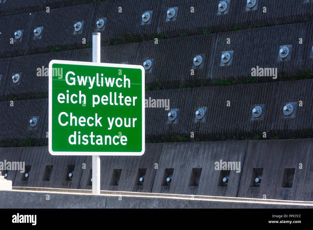 Bilingual Welsh -English 'Check Your Distance' road sign at Pen y Clip ...