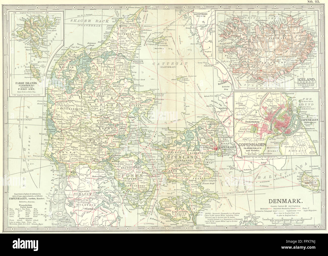 DENMARK: & Iceland: Copenhagen, 1903 antique map Stock Photo - Alamy