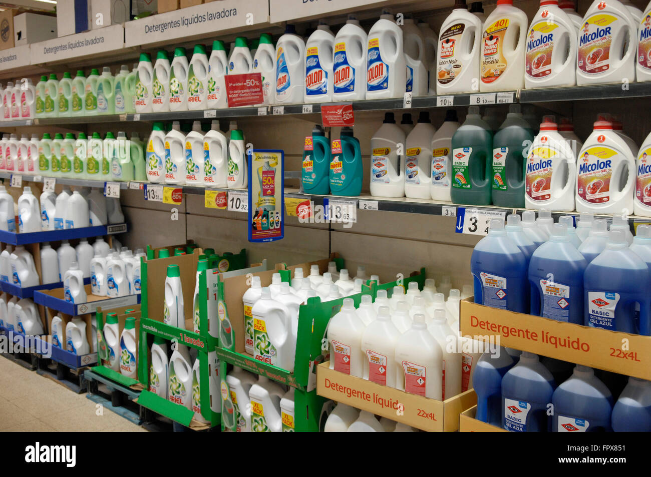 Selection of Washing Detergents on display in a Carrefour Supermarket ...