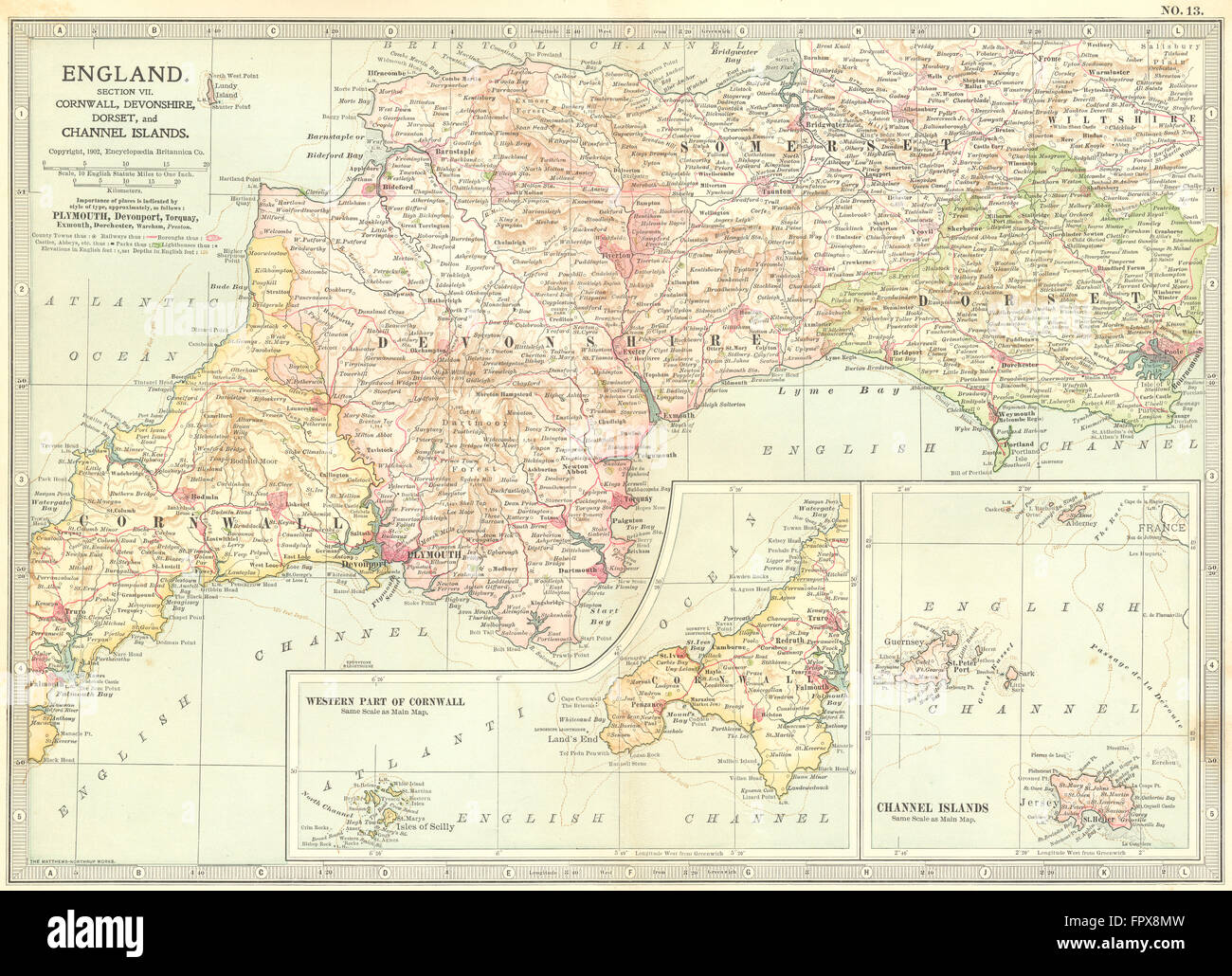 ENGLAND: Cornwall, Devon, Dorset, Channel Isles, 1903 antique map Stock ...