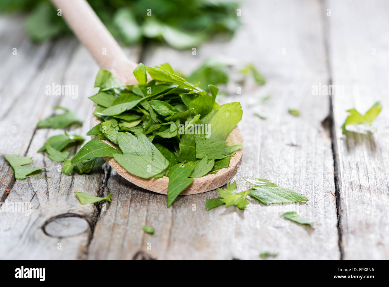 Portion of Lovage (fresh cutted leaves) as detailed close-up shot Stock ...