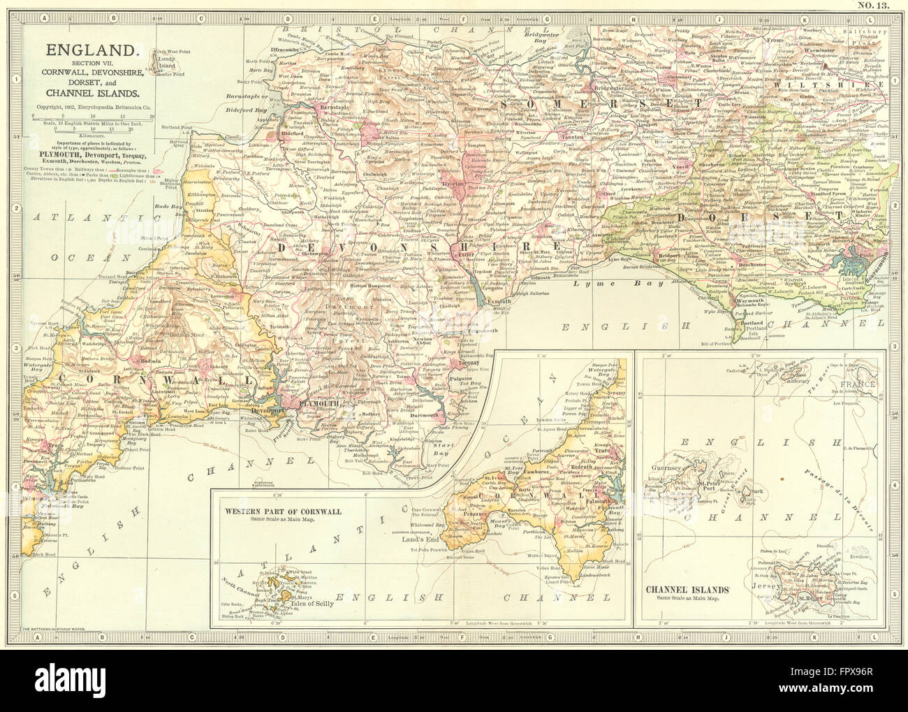 ENGLAND: Cornwall, Devon, Dorset, Channel Islands, 1903 antique map ...