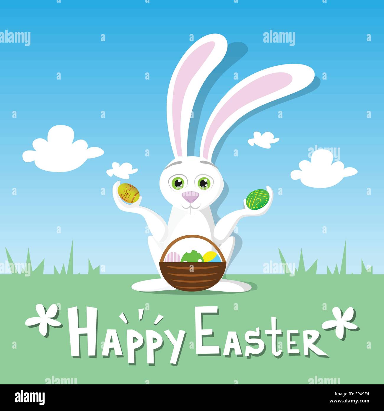 Happy Easter Card Bunny Hold Eggs Basket Spring Landscape Green Grass ...
