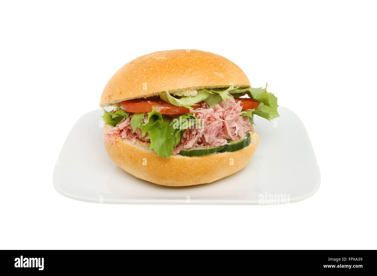 Pulled pork with salad in a crusty bread roll on a plate isolated ...