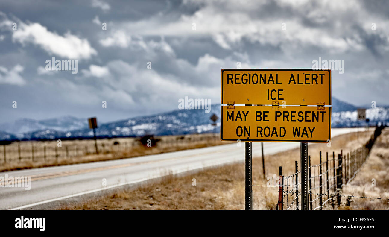 Road sign ice alert highway storm Stock Photo - Alamy