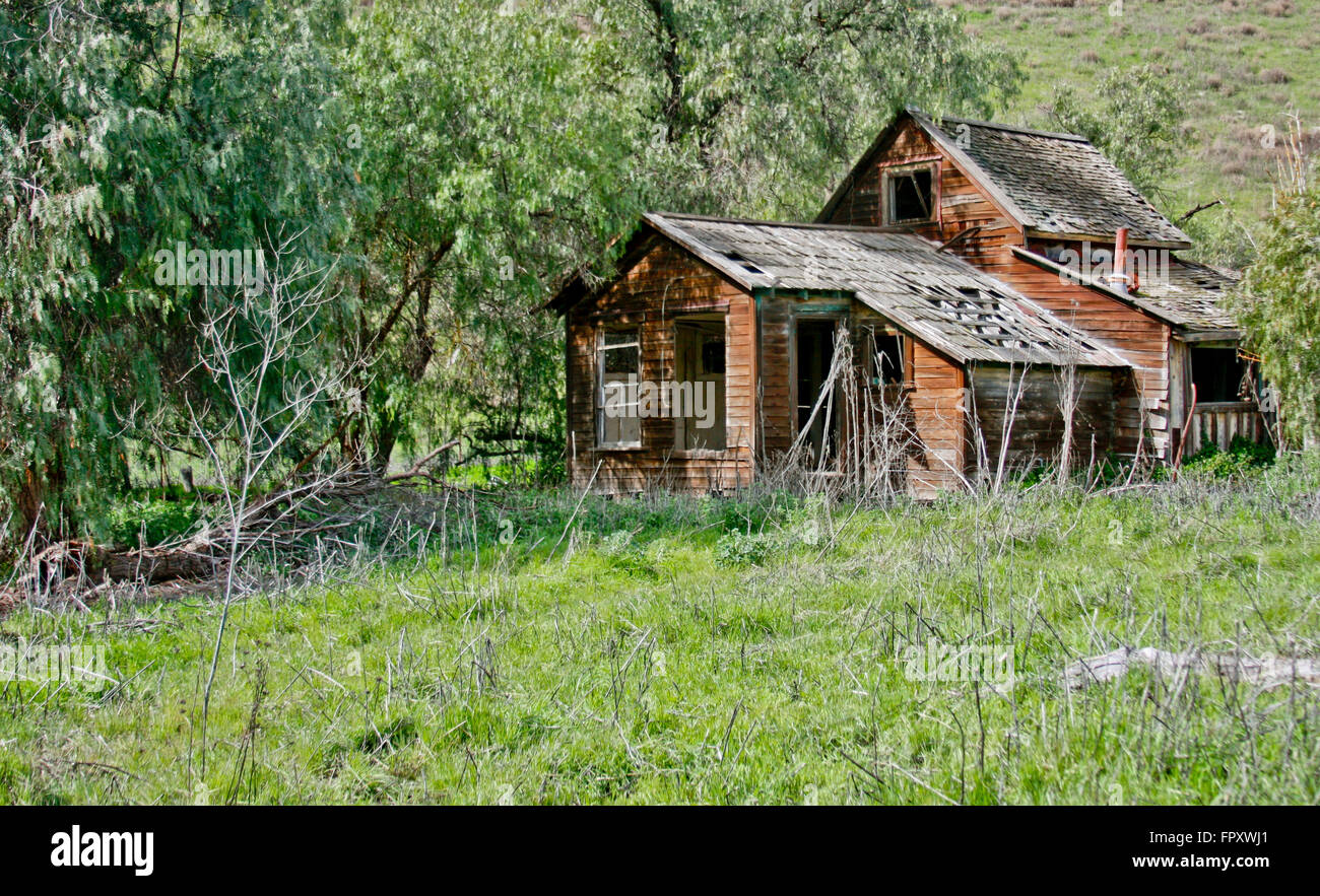 Abandon mountain cabin in a green valley Stock Photo - Alamy