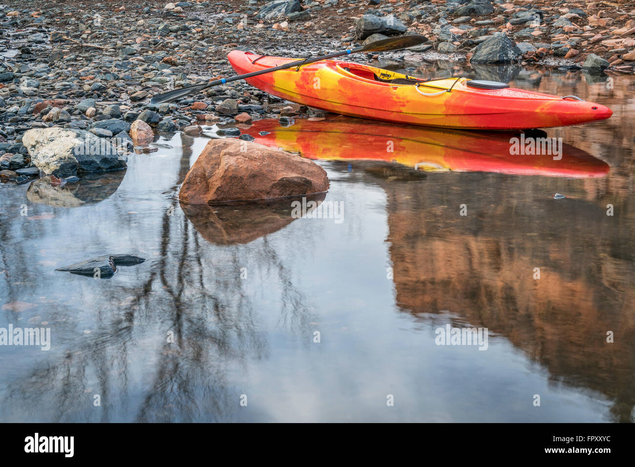 colorful river kayak with a paddle on rocky shore with a tree ...