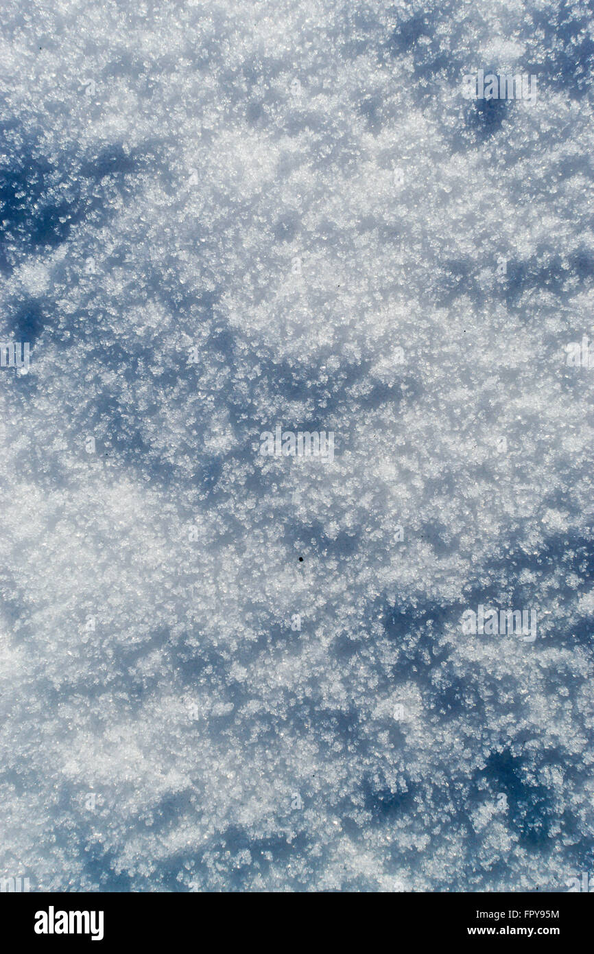 Natural snow background using daylight to reveal snowflakes and frost ...