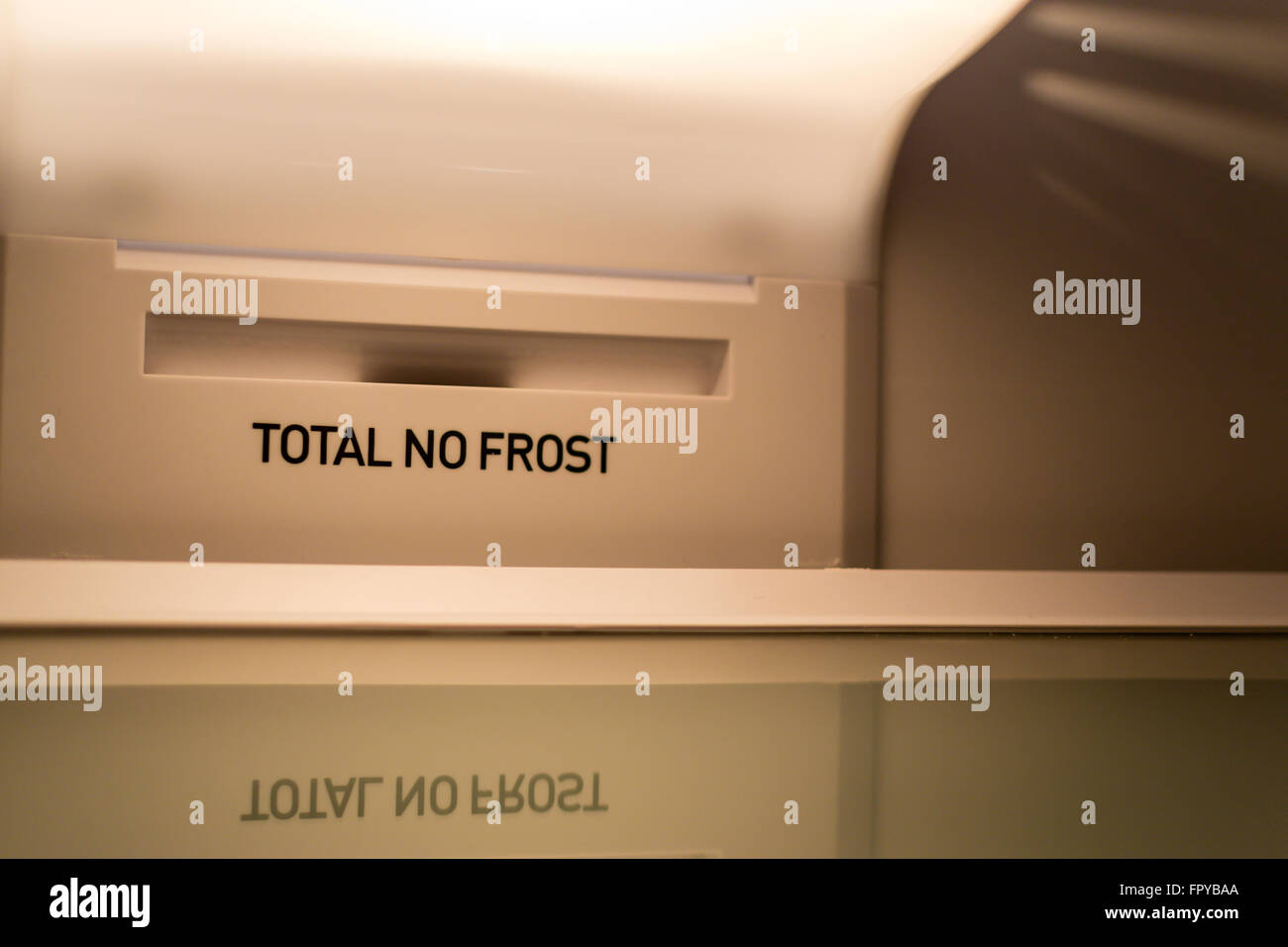 Fridge interior with total no frost in the inside. Close up with empty ...