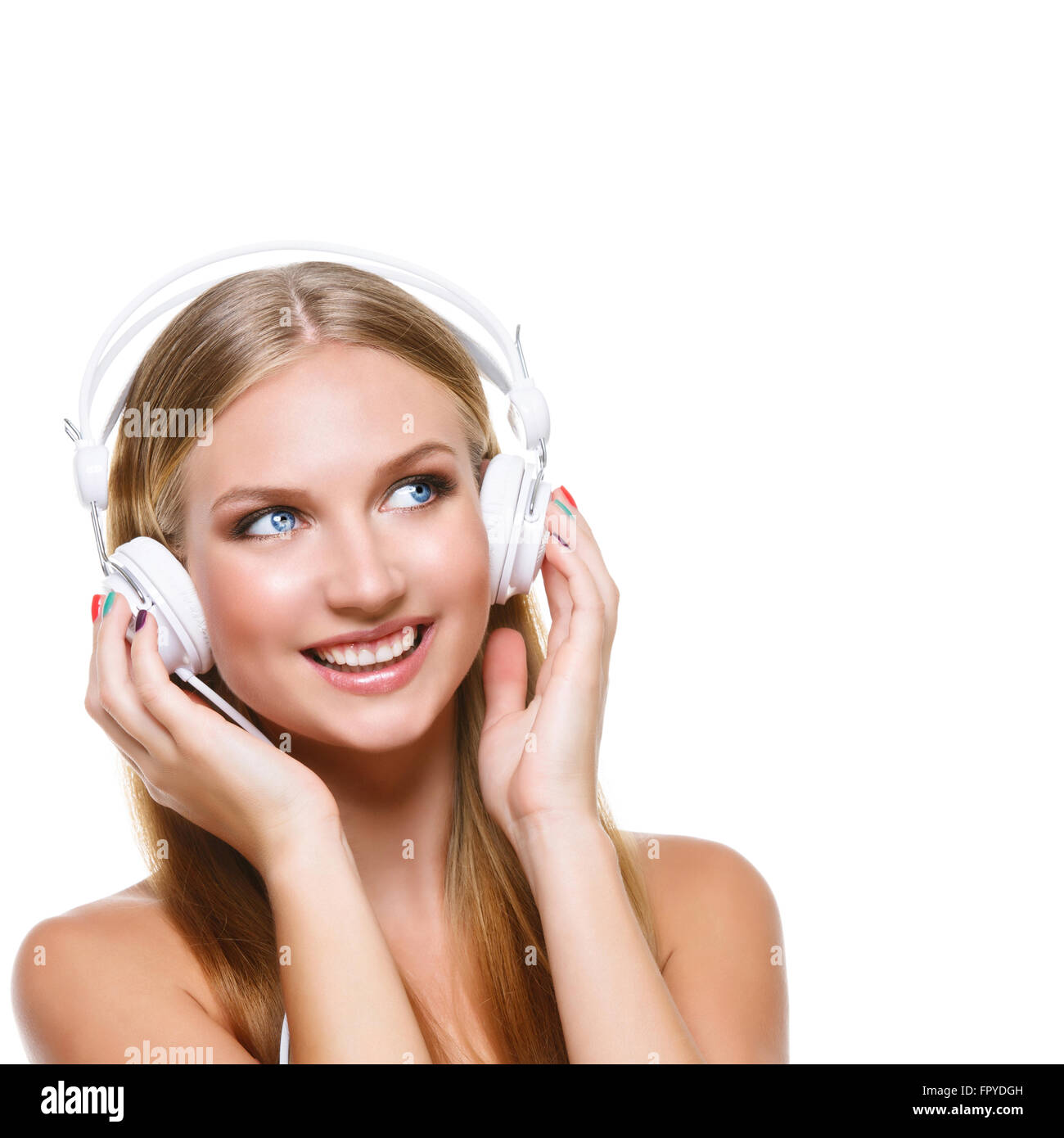 Girl with big headphones on head Stock Photo - Alamy