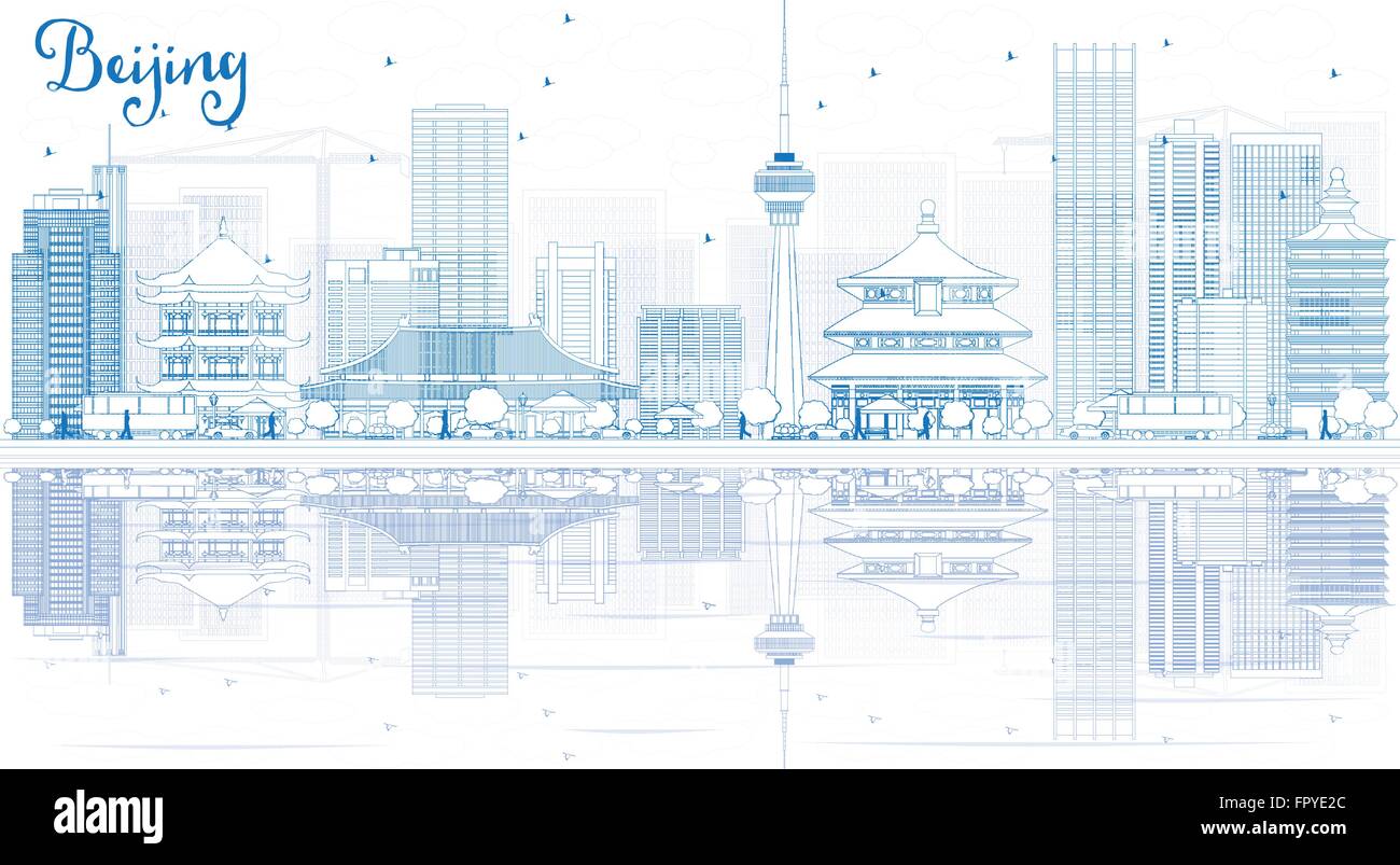 Outline Beijing Skyline with Blue Buildings and Reflections. Vector ...