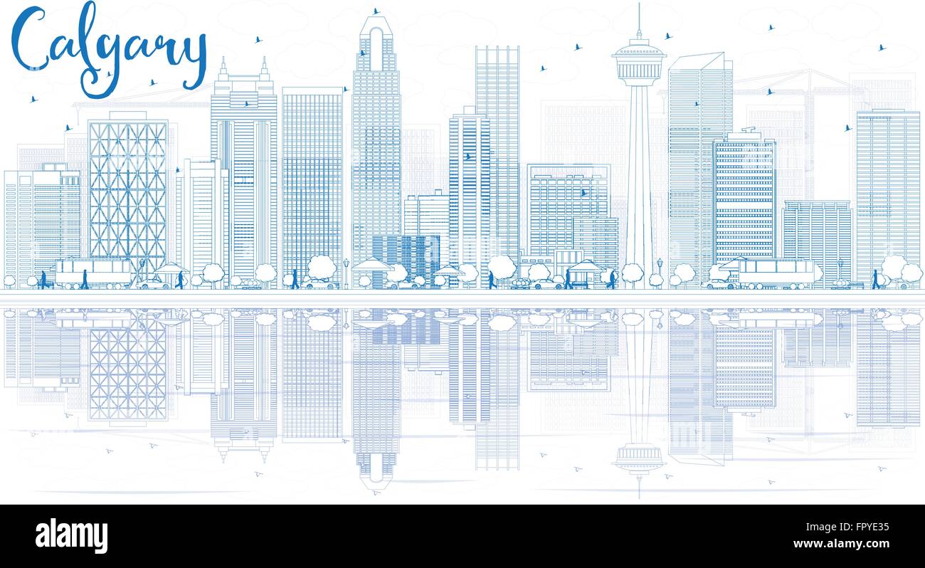 Outline Calgary Skyline with Blue Buildings and Reflections. Vector ...