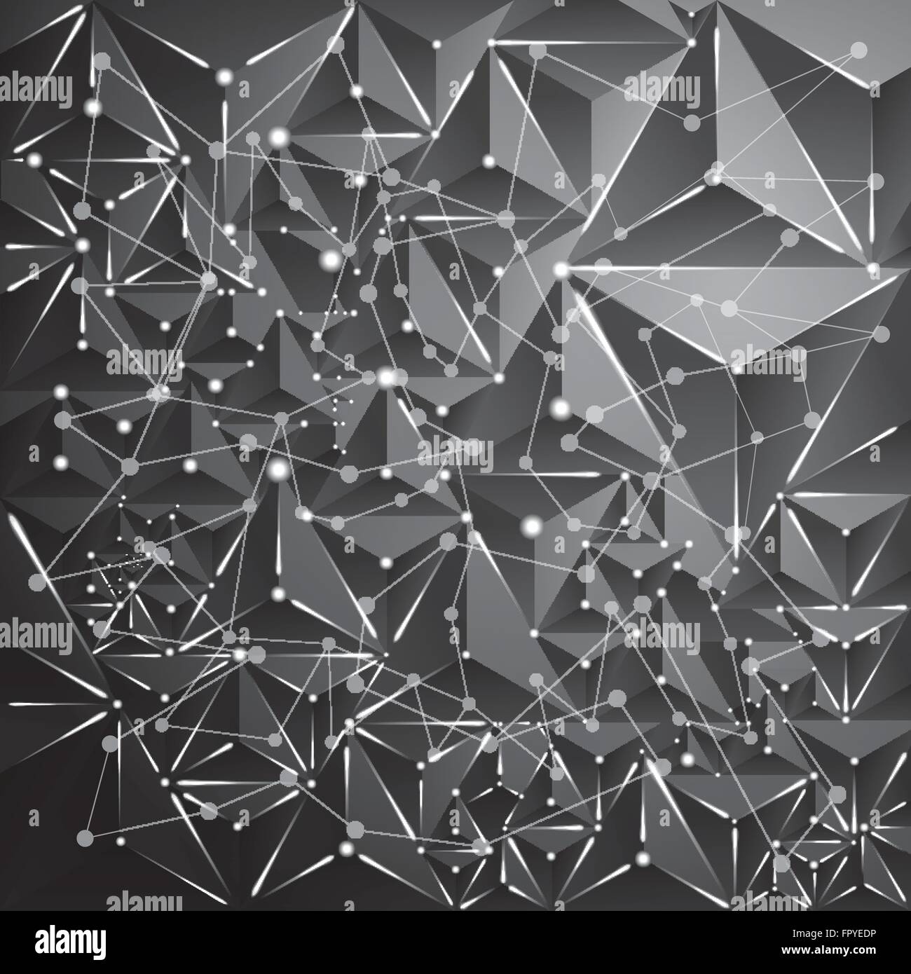 Abstract triangle dark background with neon dots and lines. Connection structure. Vector ...