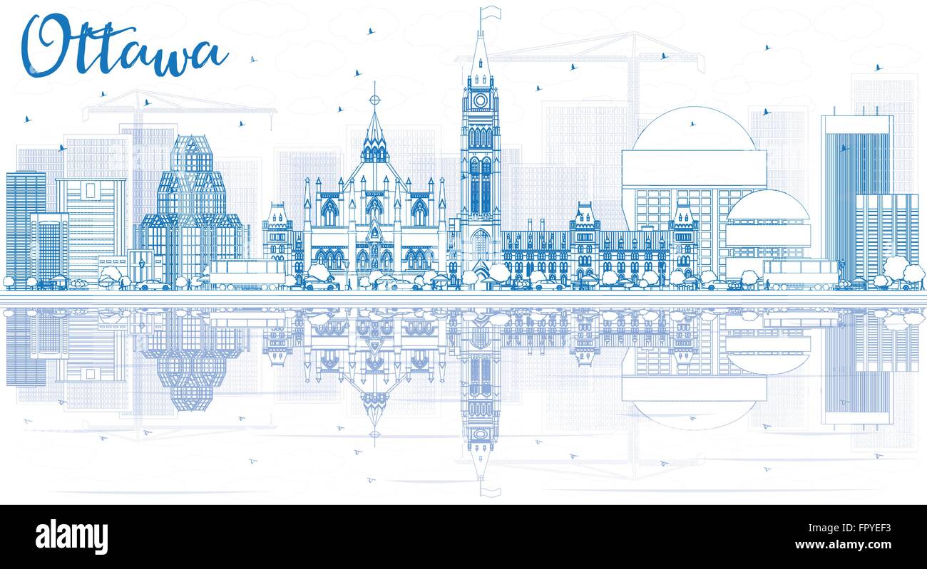 Outline Ottawa Skyline with Blue Buildings and Reflections. Vector ...