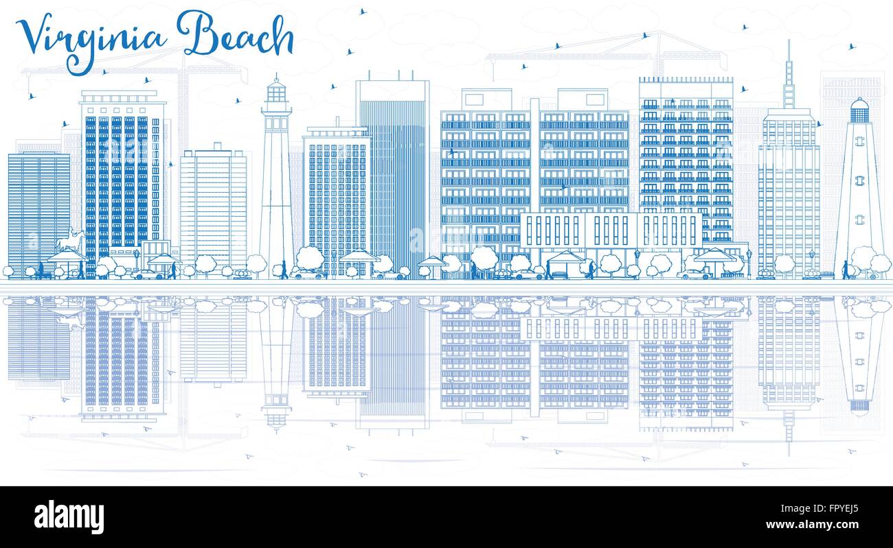 Outline Virginia Beach Skyline with Blue Buildings and Reflections ...